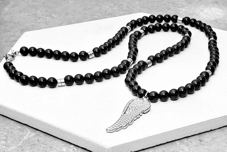 Men's ONYX ANGEL WING Necklace | Men's Silver Stainless Steel Angel ...