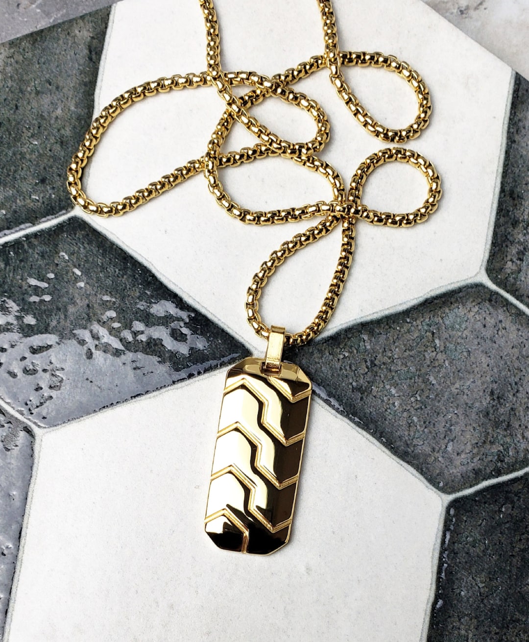 Men's gold CHEVRON Tag Necklace Men's Gold Stainless Steel Sculpted ...