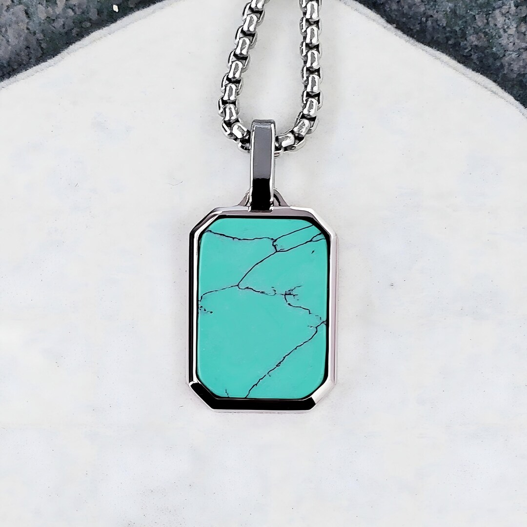 Men's TURQUOISE DOG TAG Necklace | Men's Green Turquoise Gemstone Inlay ...