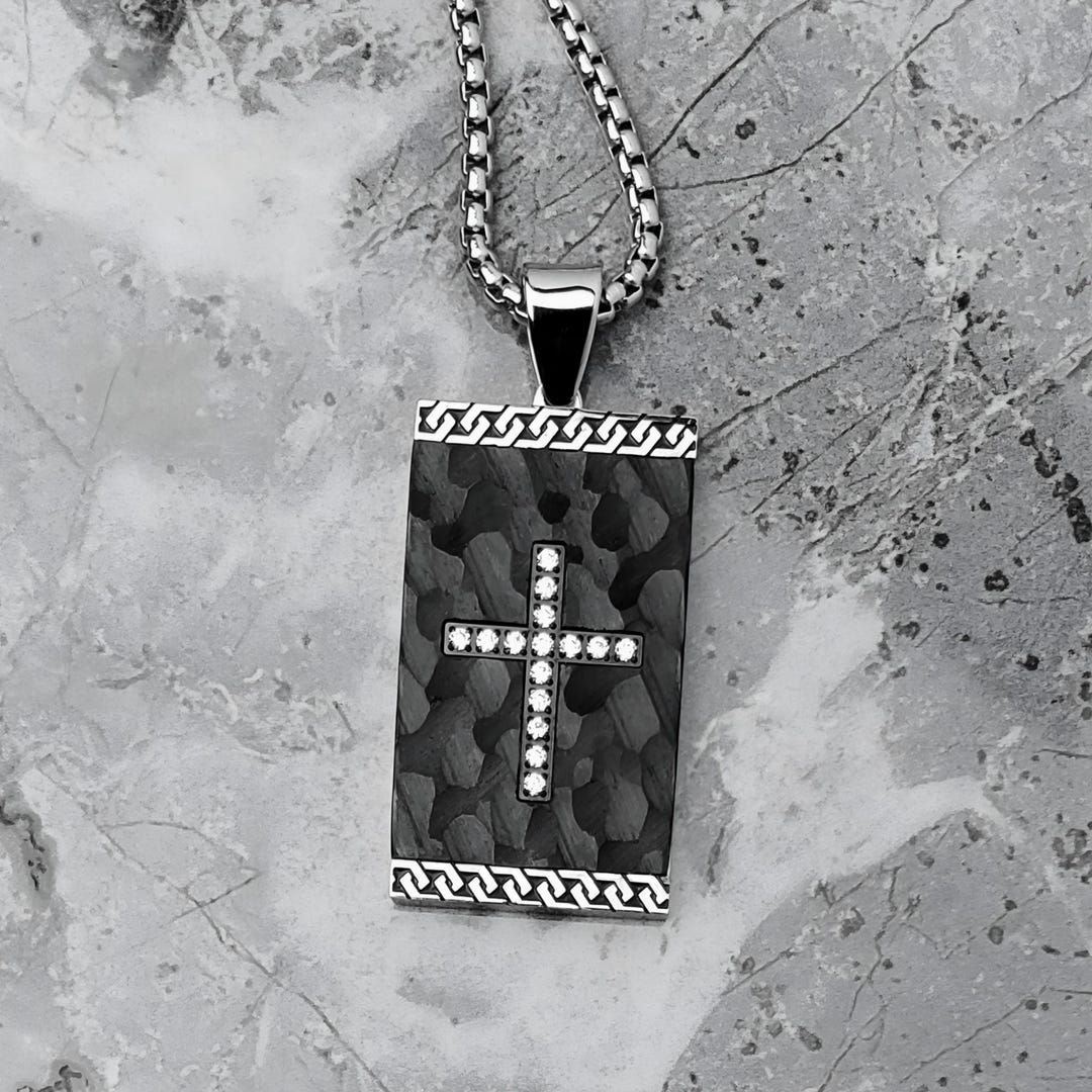 Men's "graphite CROSS Tag" Necklace| Men's Graphite Carbon Fiber Pavé ...