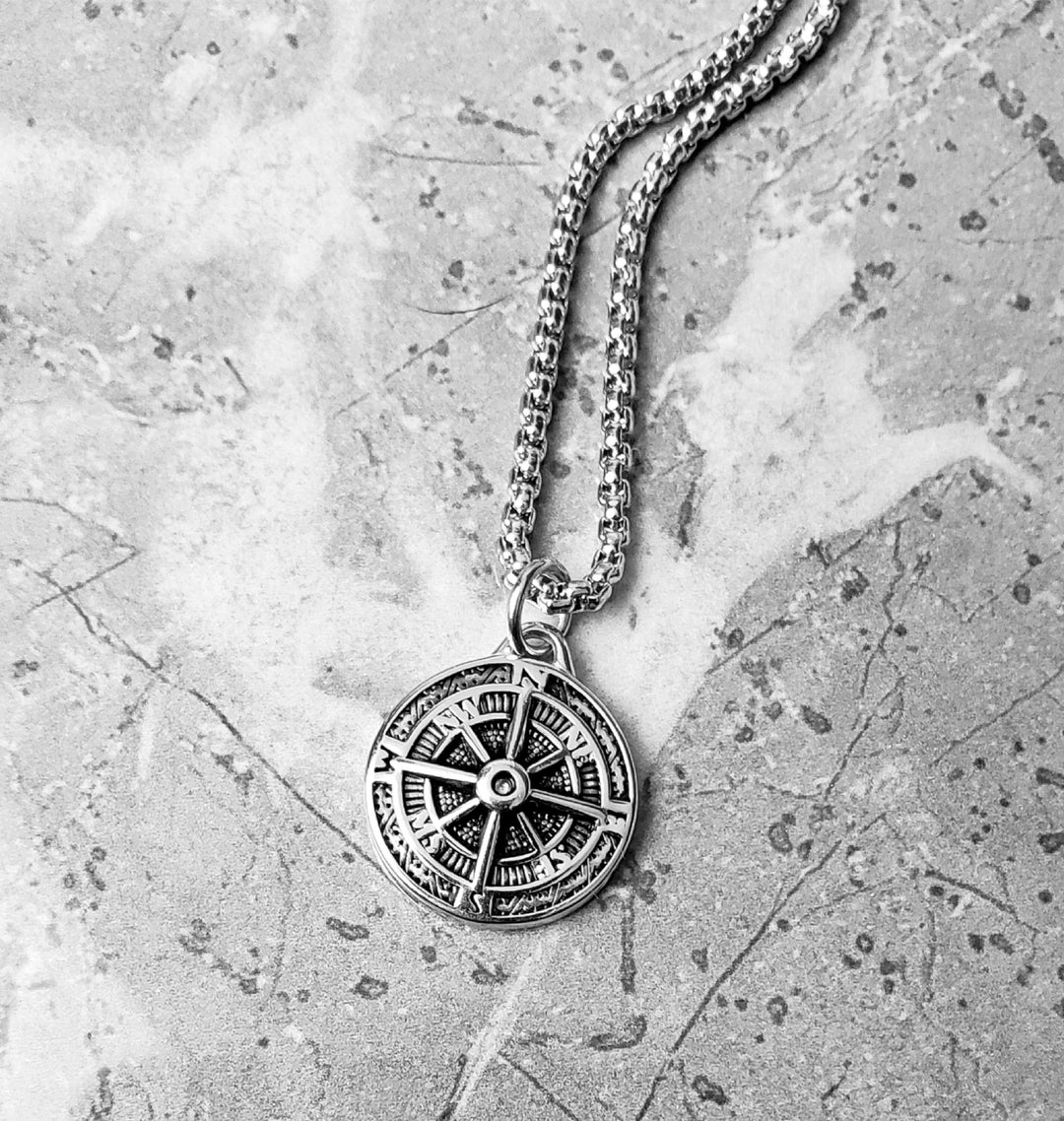 Men's maritime COMPASS Coin Necklace Men's Silver Stainless Steel Mini ...