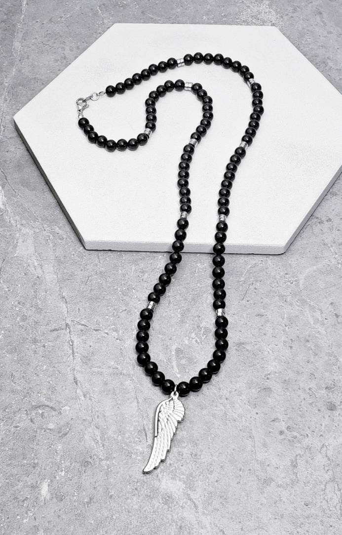 Men's ONYX ANGEL WING Necklace | Men's Silver Stainless Steel Angel ...