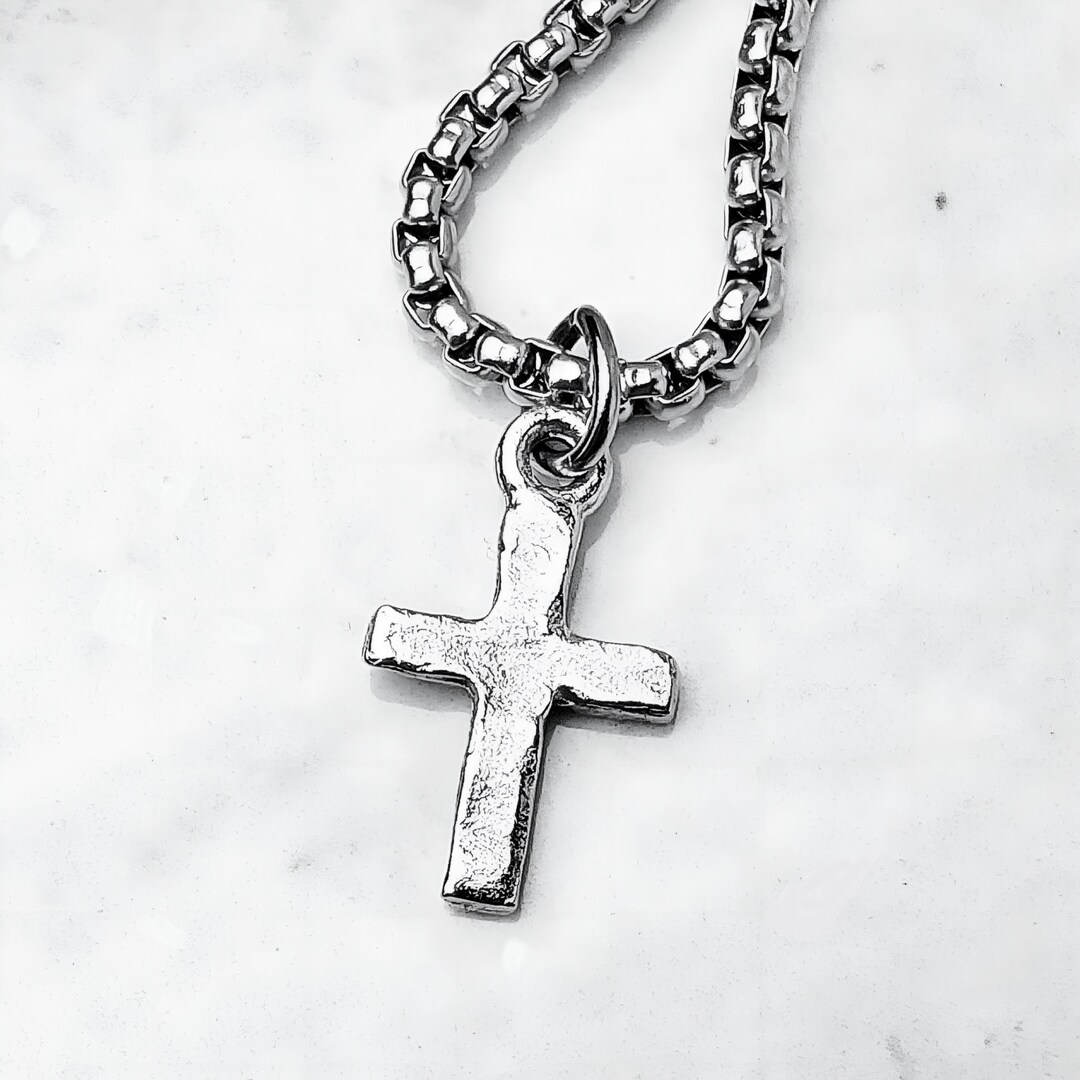 Men's SILVER RUSTIC CROSS Necklace | Men's Silver Stainless Steel Mini ...