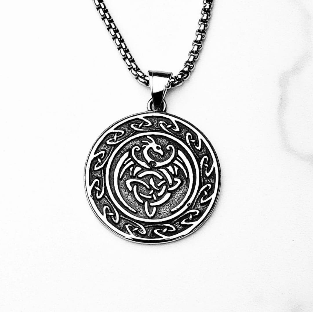 Men's CELTIC DRAGON MEDALLION Necklace | Men's Silver Stainless Steel ...
