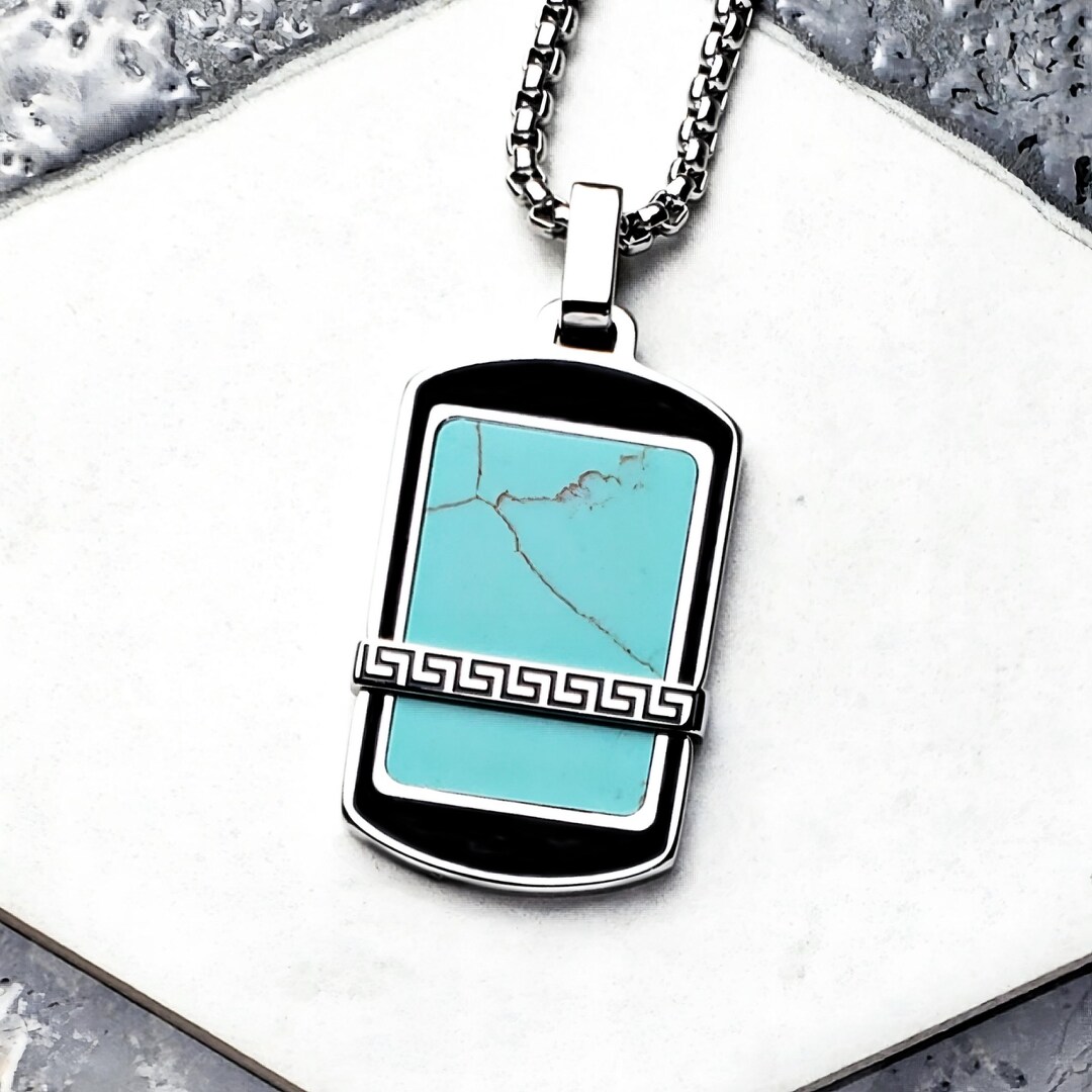 Men's "onyx TURQUOISE Tag" Necklace| Men's Silver Stainless Steel Onyx ...