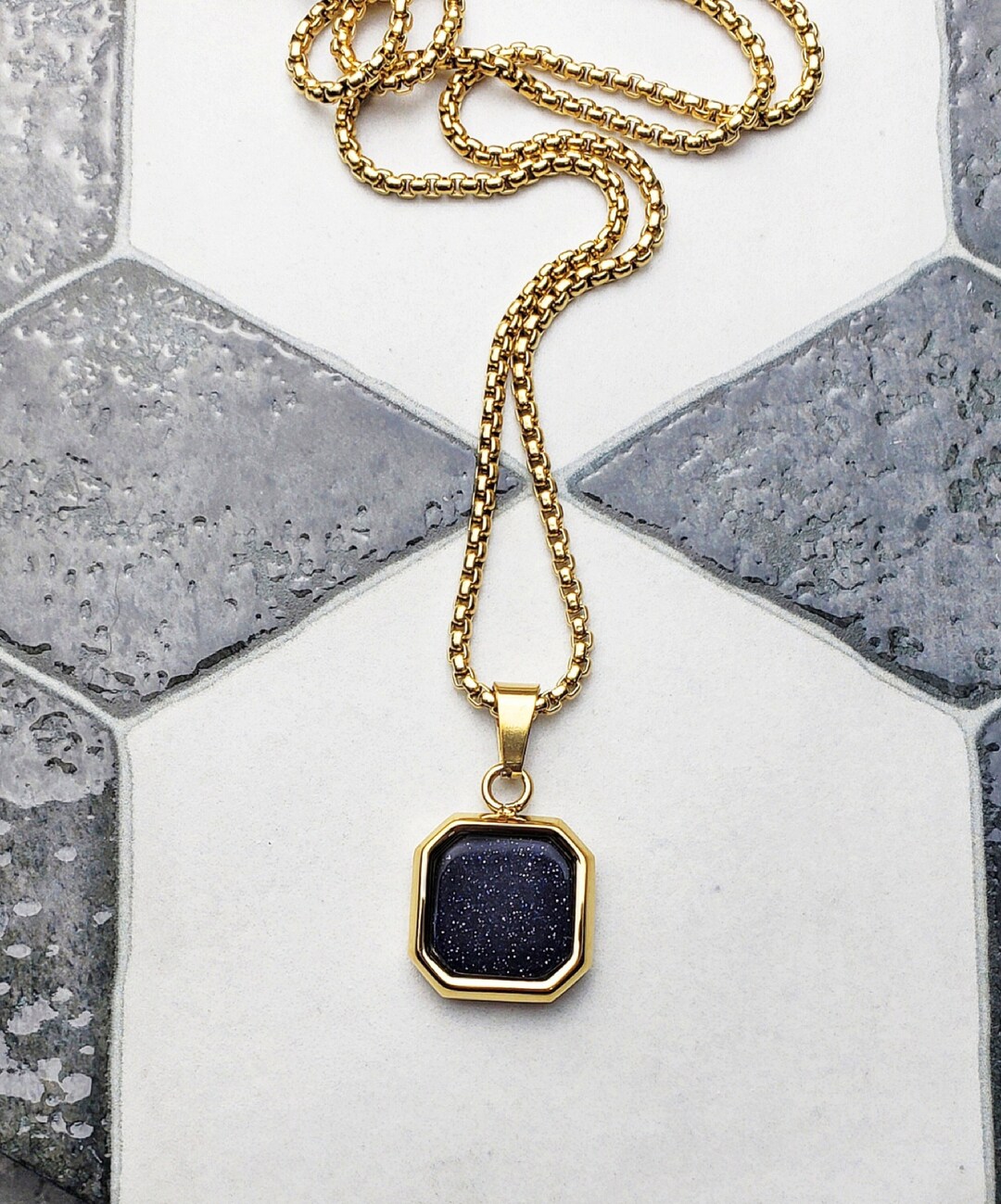 Men's blue SANDSTONE Amulet Necklace Men's Gold Stainless Steel Blue ...