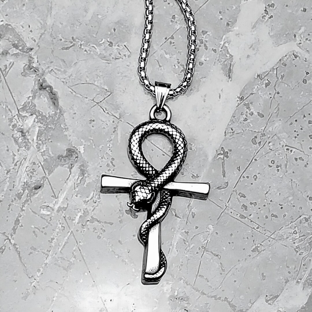 Men's SILVER OUROBOROS ANKH Necklace | Men's Silver Stainless Steel Ouroboros Ankh Pendant Box ...