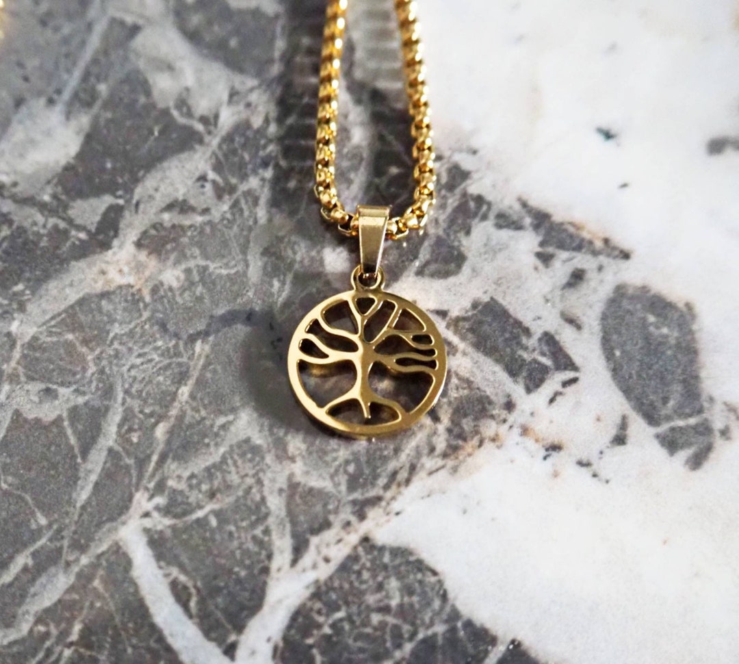 Men's tree OF Life Necklace Men's Gold Stainless Steel Mini Tree of ...