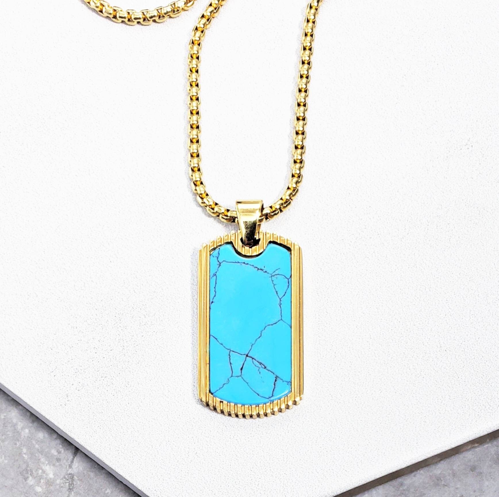 Men's TURQUOISE DOG TAG Necklace | Men's Turquoise Gemstone Inlay Gold ...
