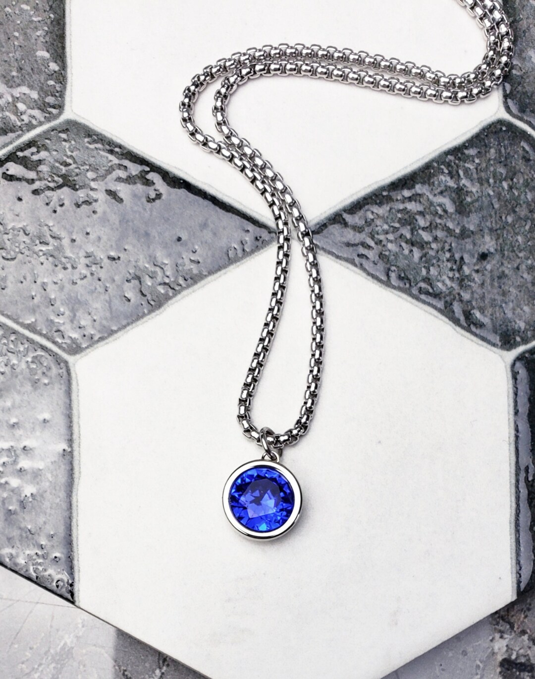 Men's silver SAPPHIRE Coin Necklace Men's Silver Stainless Steel ...
