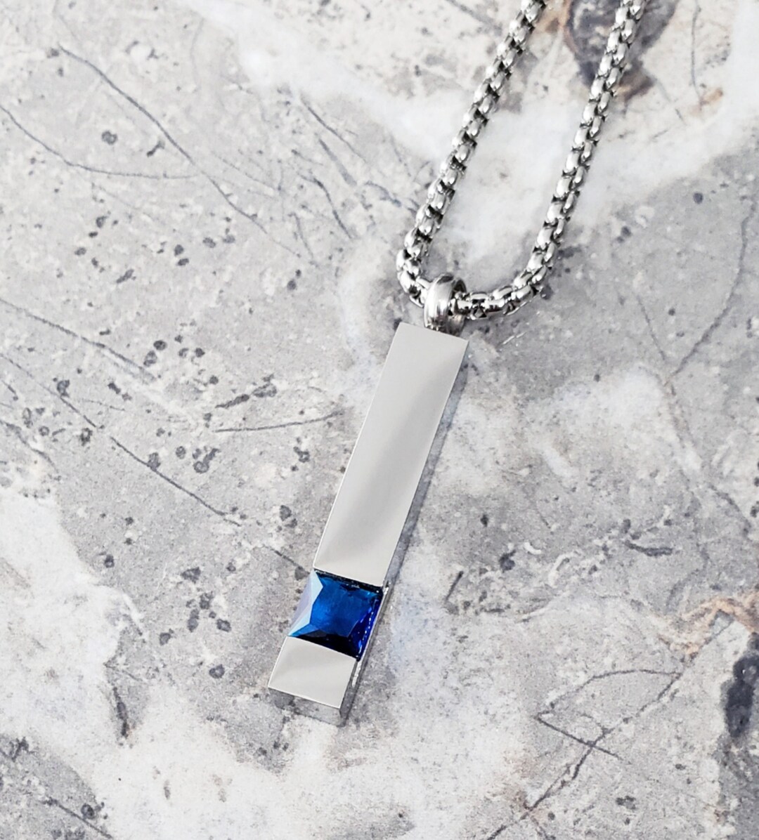 Men's silver SAPPHIRE Bar Necklace Men's Silver Stainless Steel ...