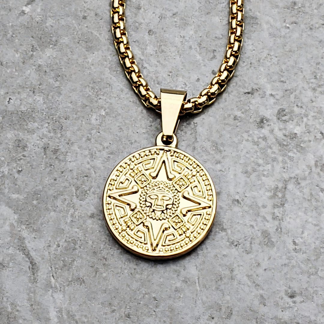 Men's AZTEC CALENDAR MEDALLION Necklace | Men's Gold Stainless Steel ...