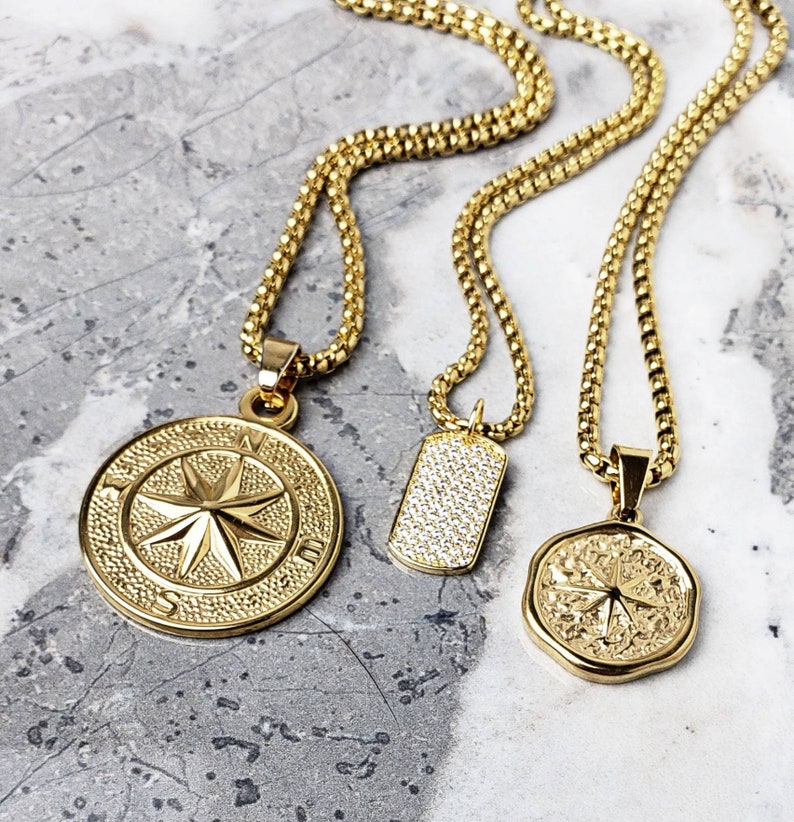 Men's NORTH STAR COIN Necklace | Men's Hammered Gold Stainless Steel ...