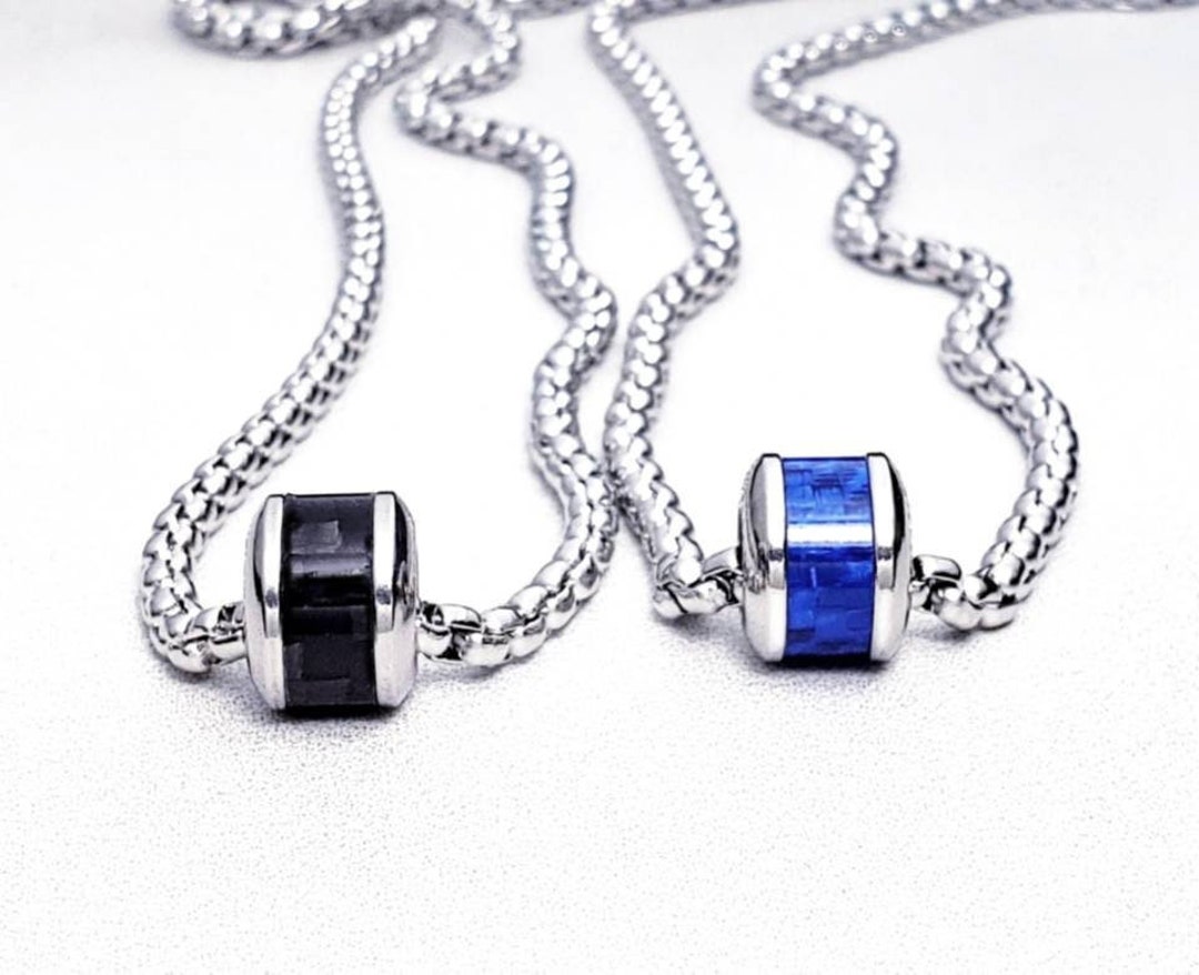 Men's blue CARBON Fiber Necklace Men's Silver Stainless Steel Blue ...