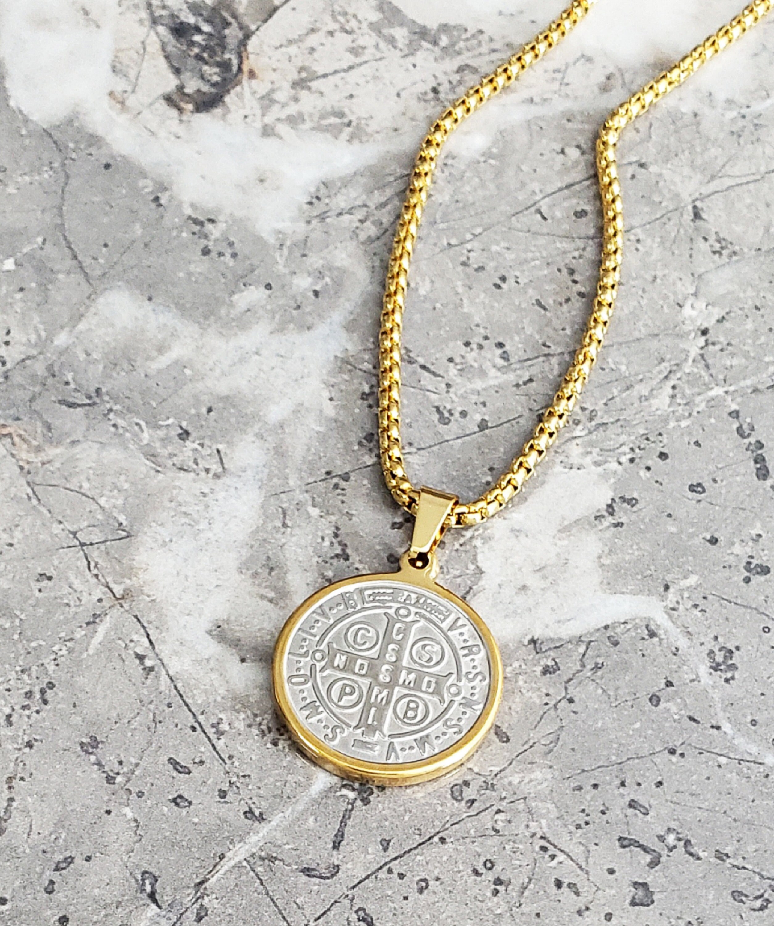 Men's SAINT BENEDICT COIN Necklace | Mens Silver & Gold Stainless Steel ...