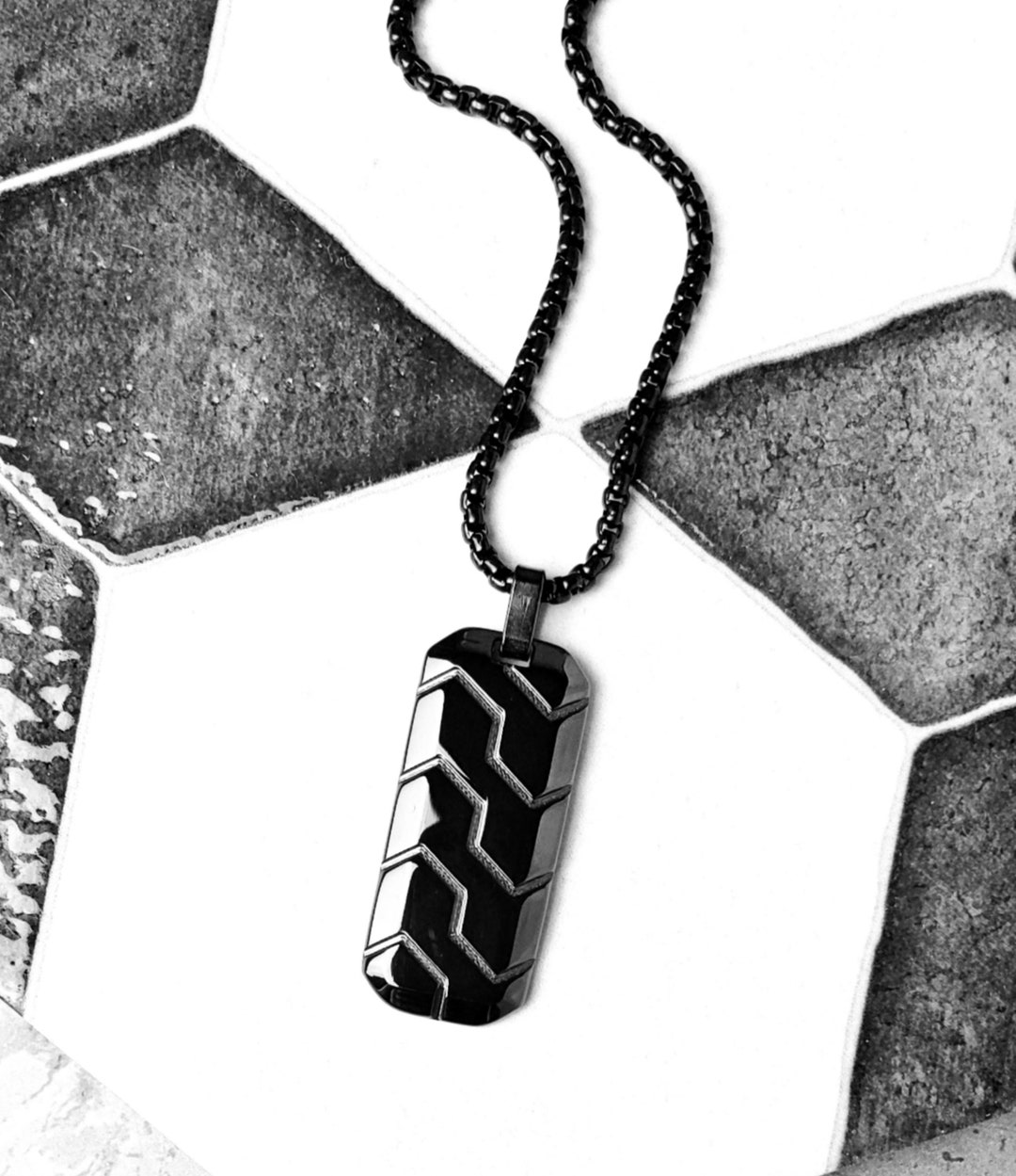 Men's black CHEVRON Tag Necklace Men's Black Stainless Steel Sculpted ...