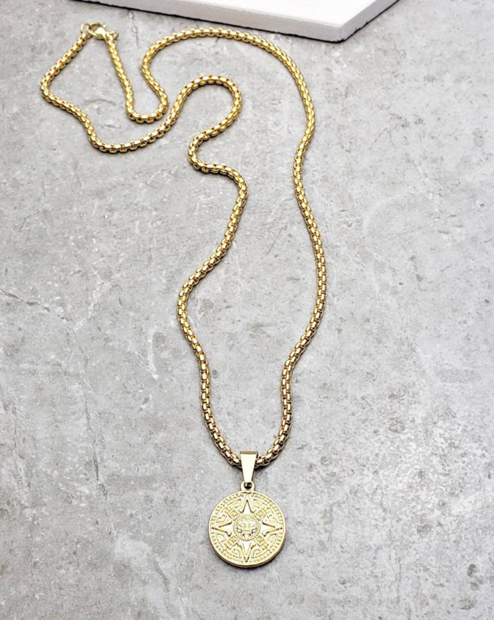 Men's AZTEC CALENDAR MEDALLION Necklace | Men's Gold Stainless Steel ...