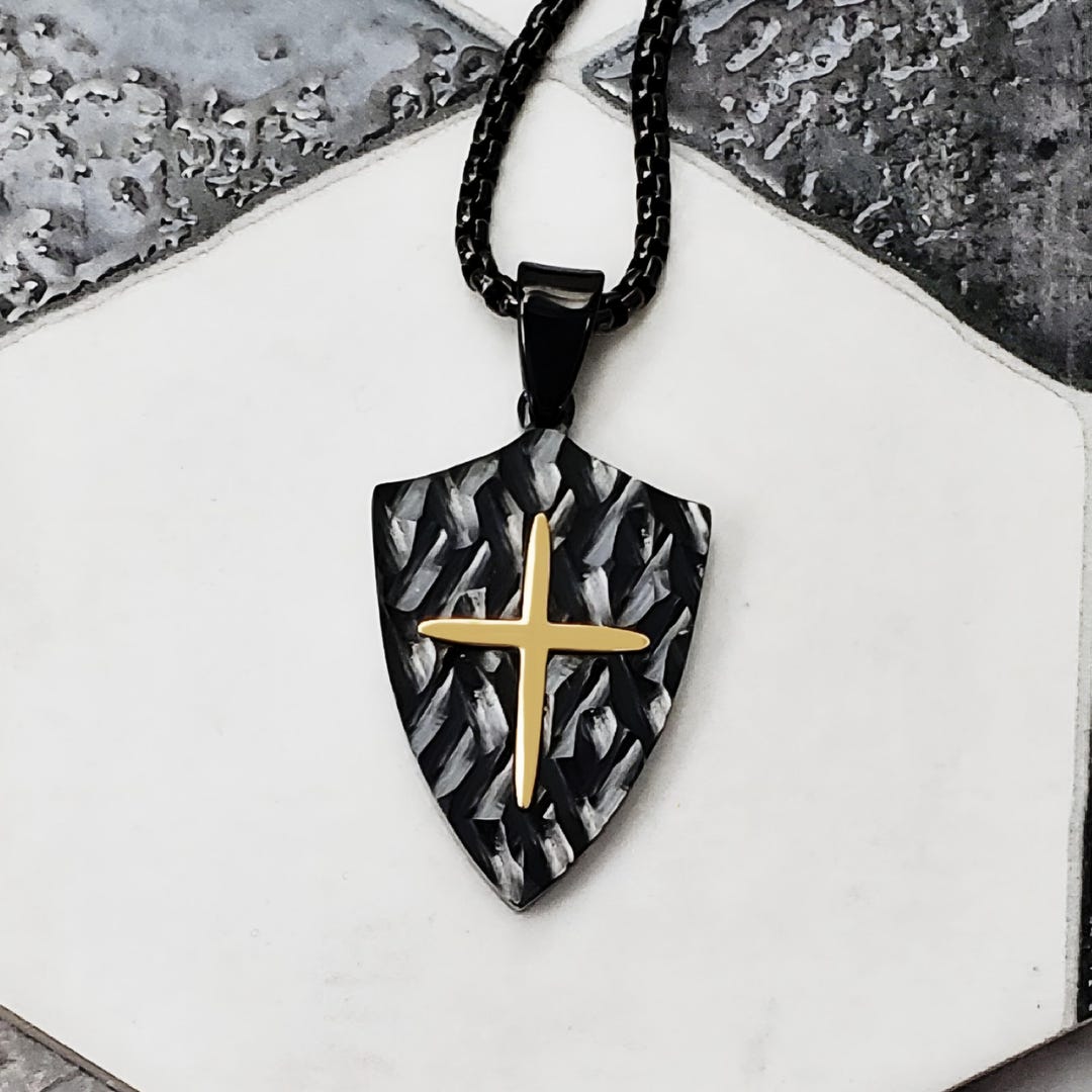Men's SHIELD OF STRENGTH Necklace | Men's Black Gold Stainless Steel ...