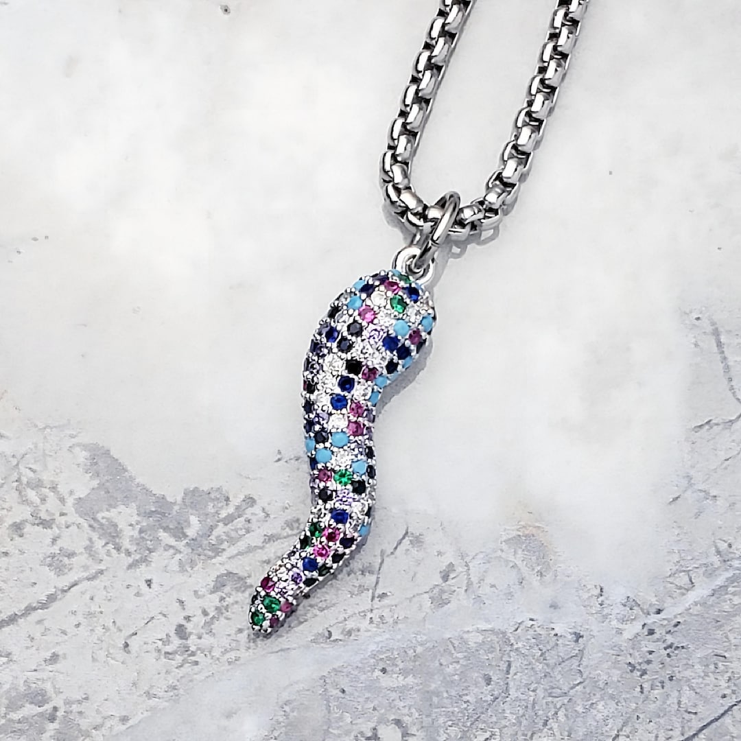 Men's MULTICOLOR PAVÉ CORNICELLO Necklace | Men's Multicolor Pavé Cubic ...