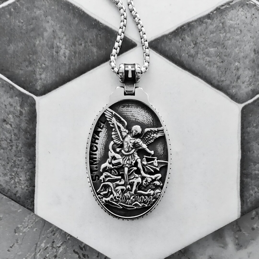 Men's ARCHANGEL AMULET Necklace | Men's Silver Stainless Steel Saint ...
