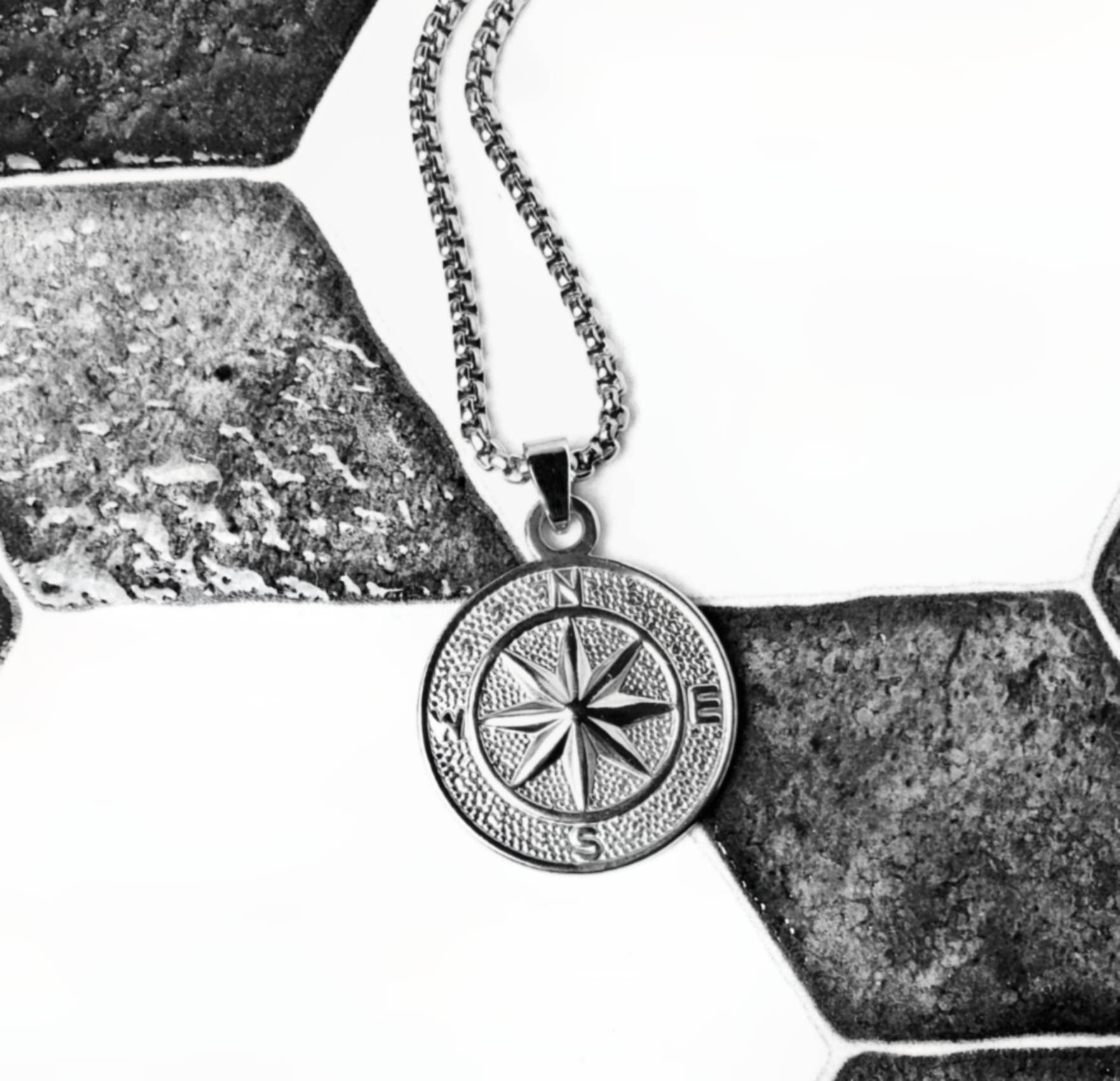 Men's SILVER COMPASS MEDALLION Necklace | Men's Silver Stainless Steel ...