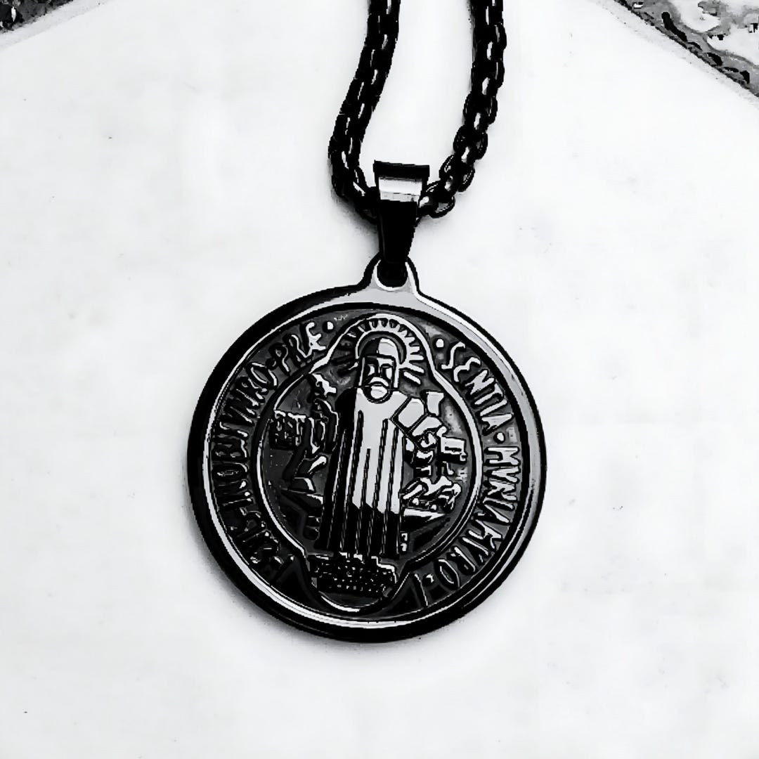 Men's SAINT BENEDICT COIN Necklace | Mens Black Stainless Steel Saint ...