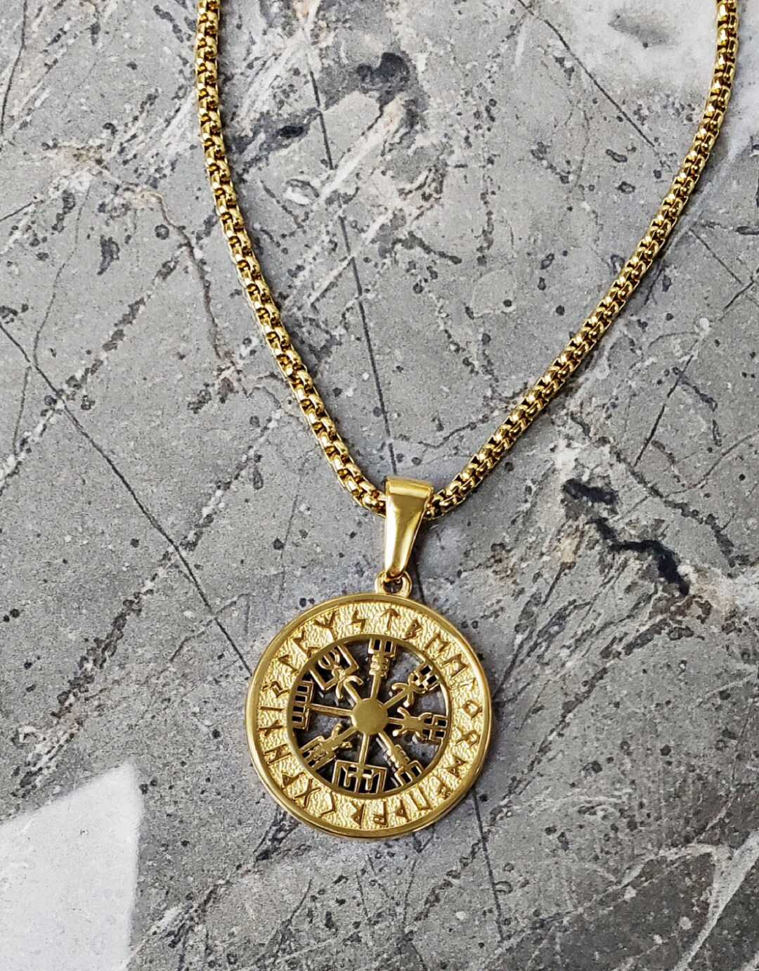 Men's gold VEGVISIR Compass Necklace Men's Gold Stainless Steel Viking ...
