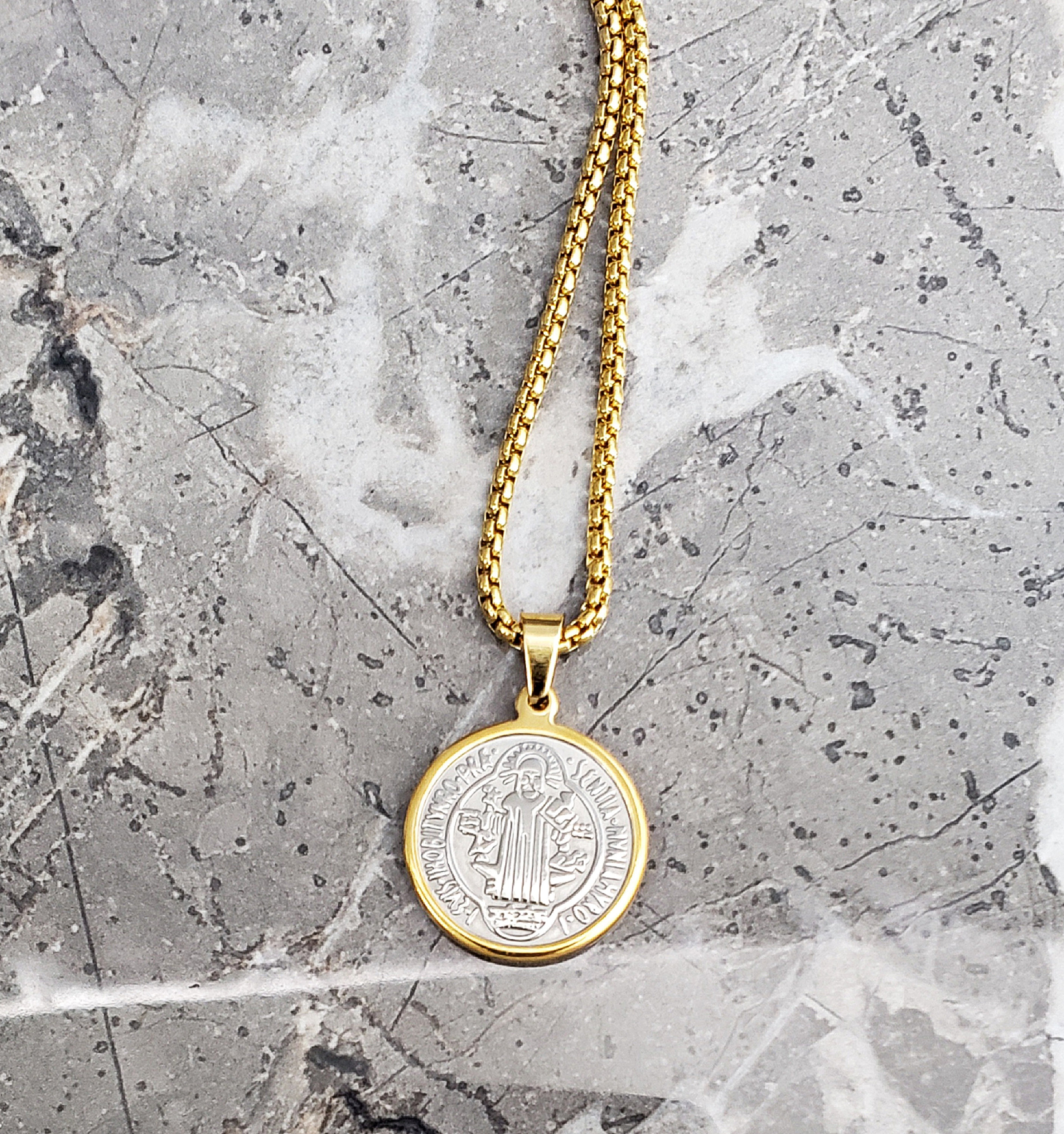 Men's SAINT BENEDICT COIN Necklace | Mens Silver & Gold Stainless Steel ...