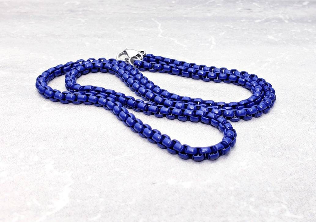Men's BLUE BOX CHAIN Necklace | Men's Blue Acrylic Coated Stainless ...