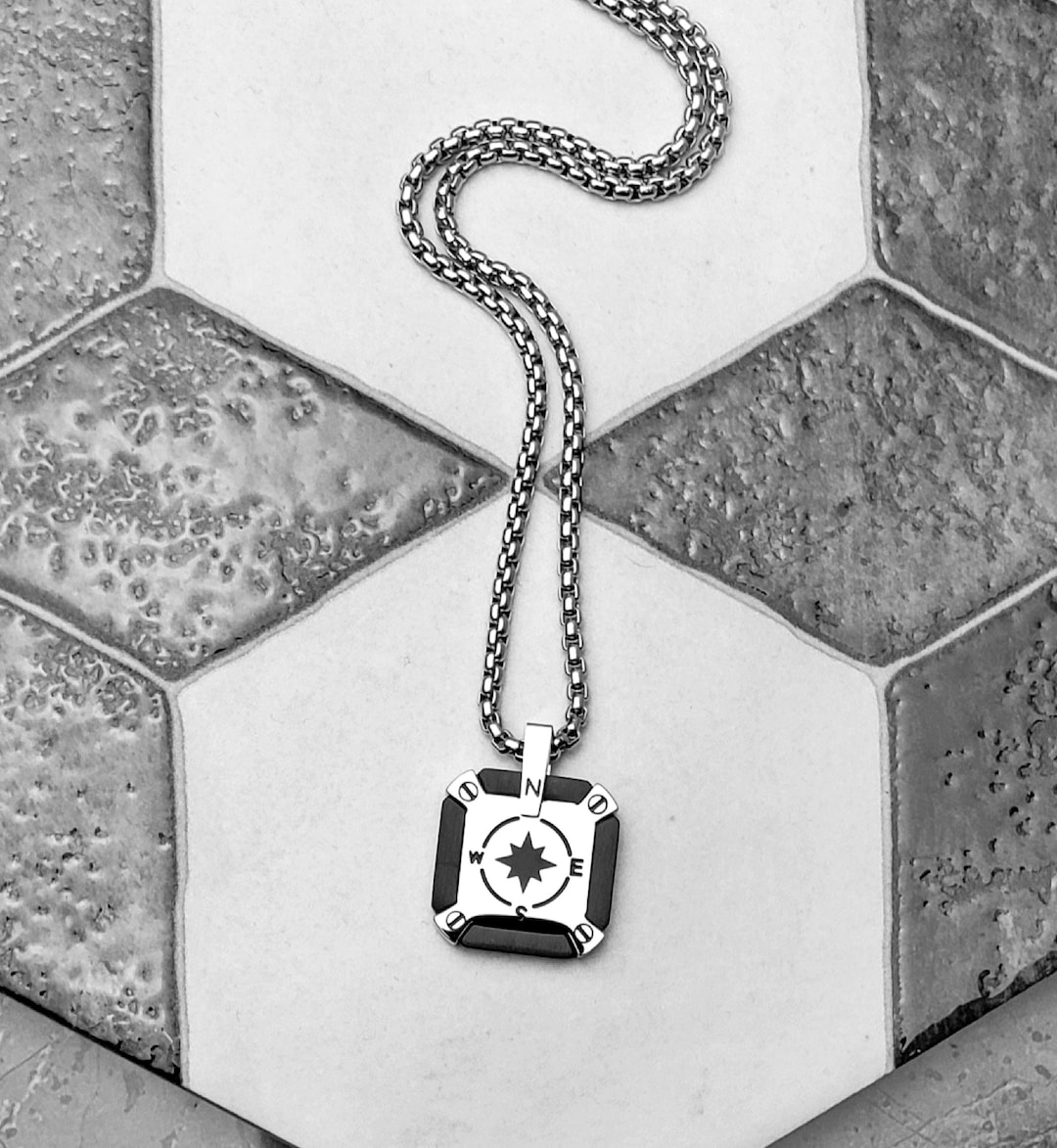 Men's carbon FIBER Compass Necklace Men's Silver Stainless Steel Black ...