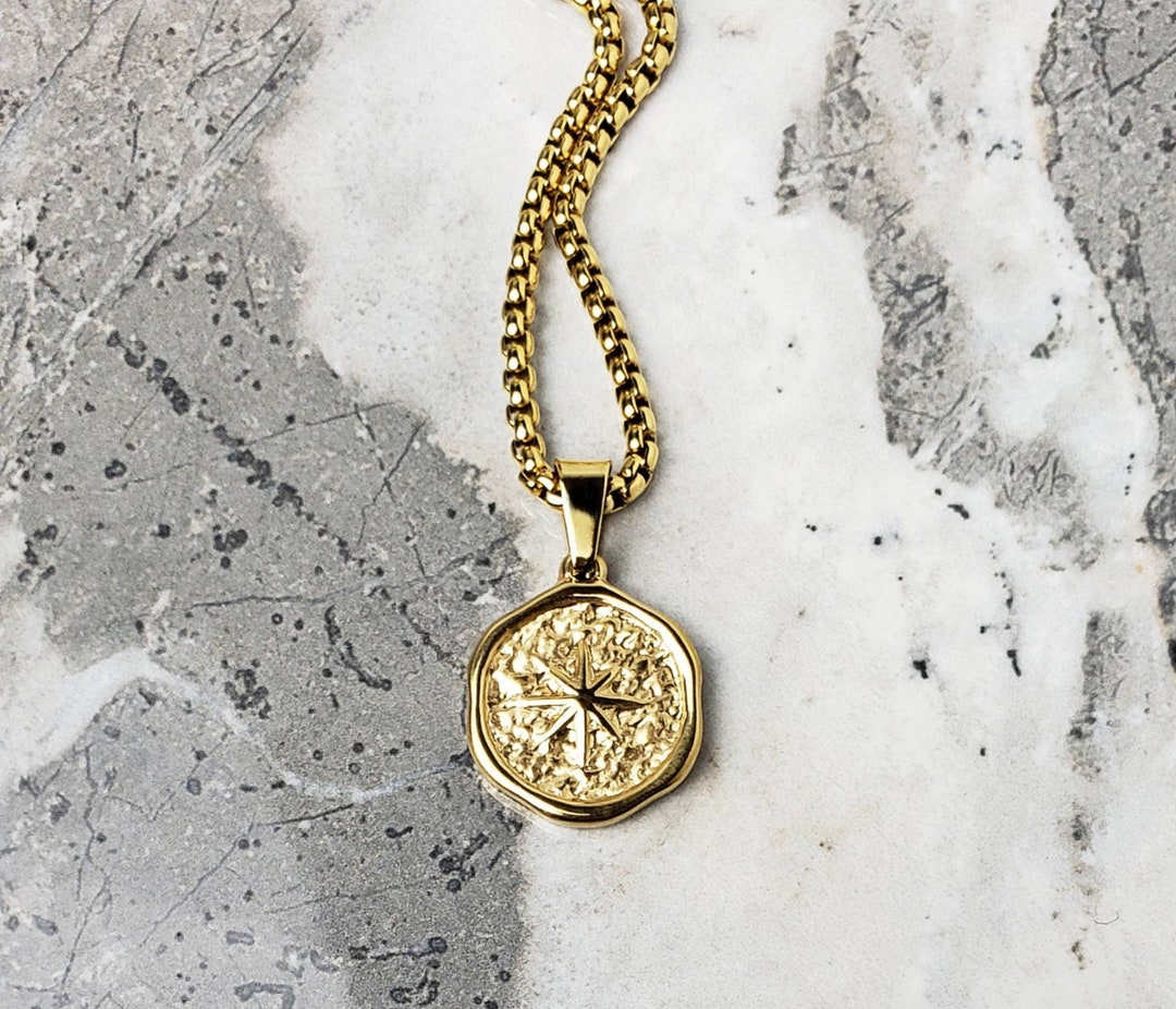 Men's north STAR Coin Necklace Men's Hammered Gold Stainless Steel ...