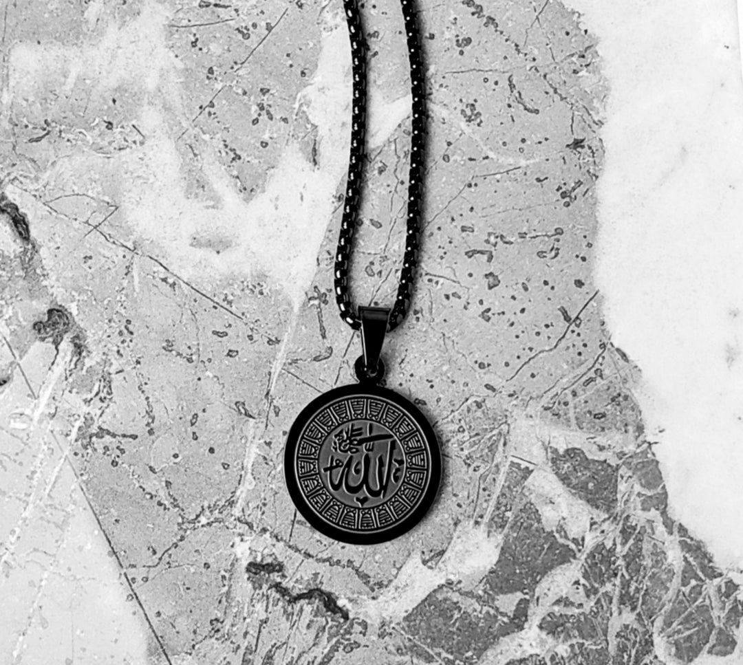 Men's black ALLAH Medallion Necklace Men's Black Stainless Steel Muslim ...