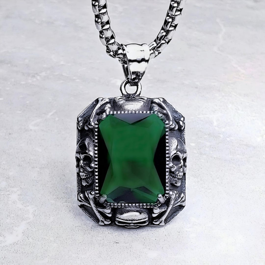 Men's EMERALD SKULL Necklace | Men's Lab Grown Emerald Gemstone Silver ...