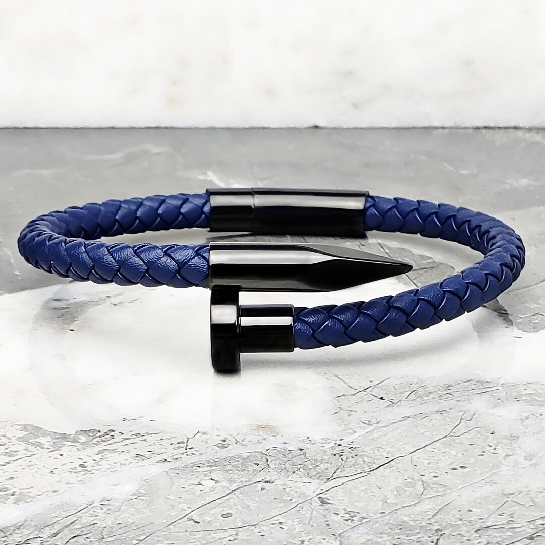 Men's sapphire LEATHER Cuff Bracelet Men's Sapphire Braided Italian ...
