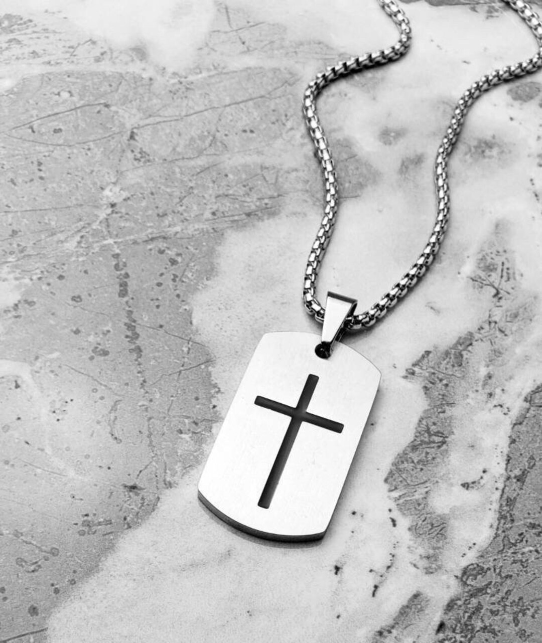 Men's cross DOG Tag Necklace Men's Matte Silver Stainless Steel Black ...