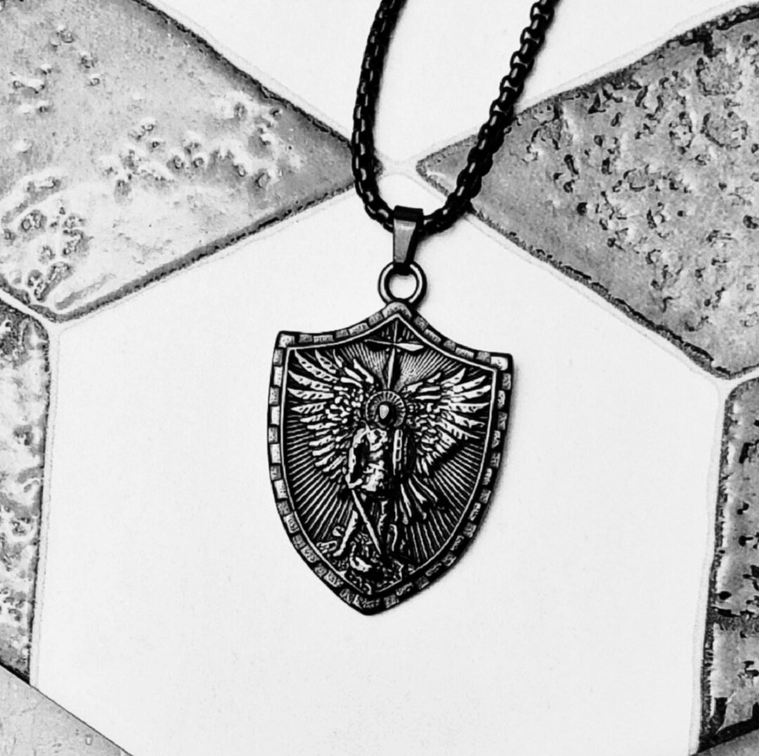 Men's ARCHANGEL SHIELD GIFT Necklace | Men's Black Silver Stainless ...