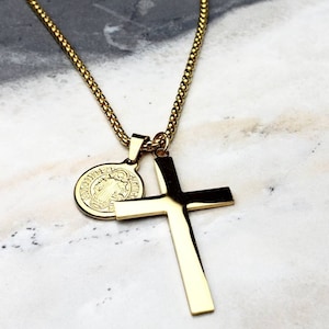 Men's gold SAINTS Cross Necklace Men's Gold Stainless Steel Cross Saint ...