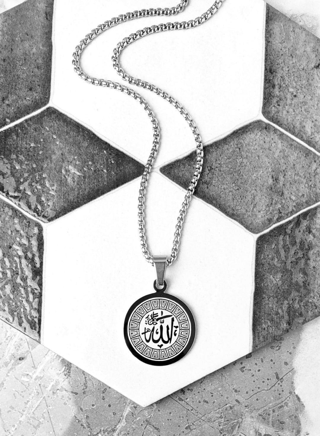Men's silver ALLAH Medallion Necklace Men's Silver Stainless Steel ...