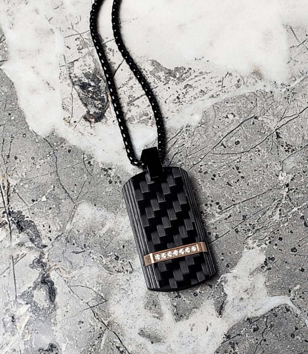 Men's carbon FIBER Tag Necklace Men's Pavé Rose Gold Stainless Steel ...