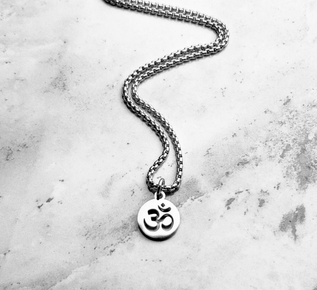 Men's silver OM Coin Necklace Men's Silver Stainless Steel Om Coin ...