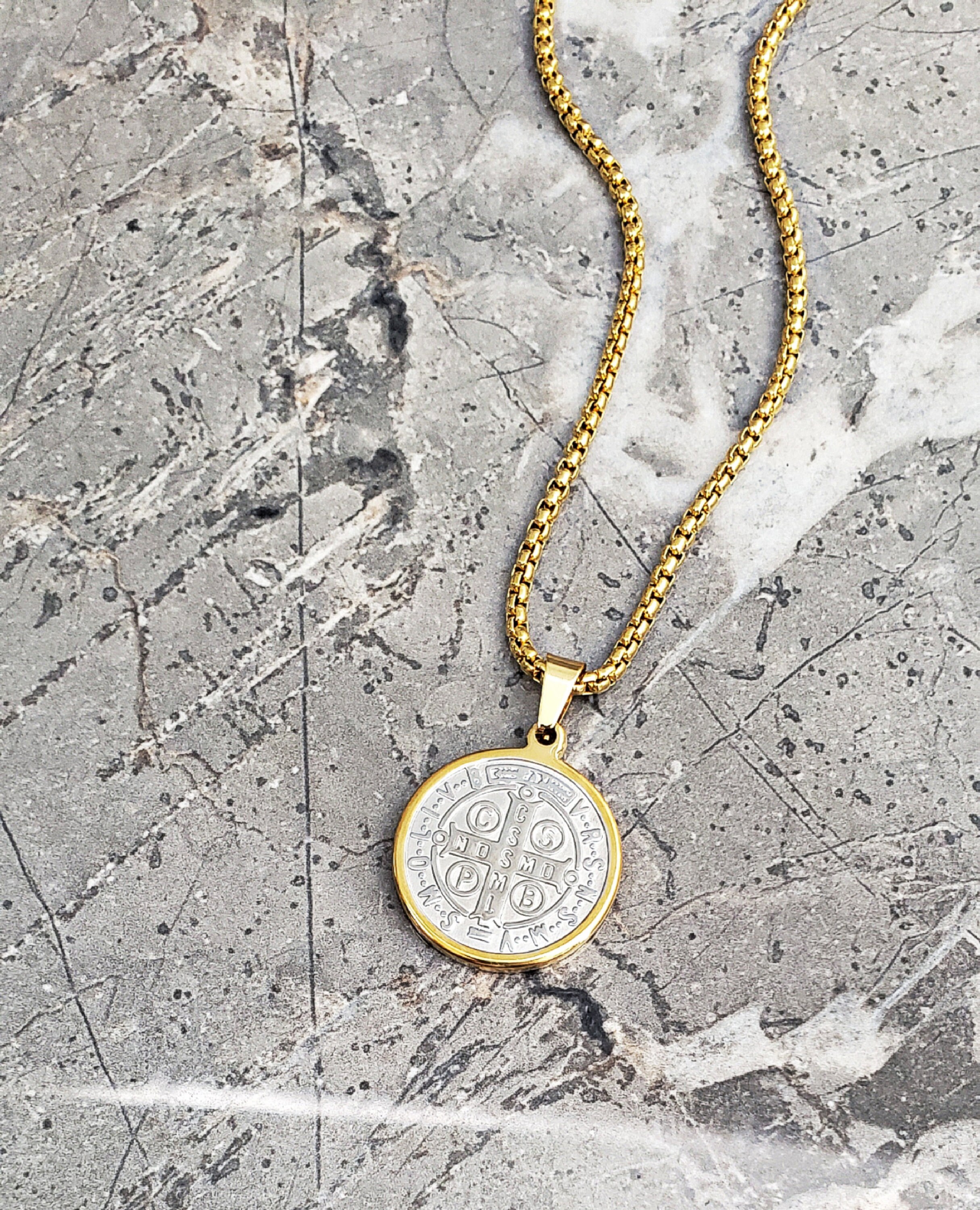 Men's SAINT BENEDICT COIN Necklace | Mens Silver & Gold Stainless Steel ...