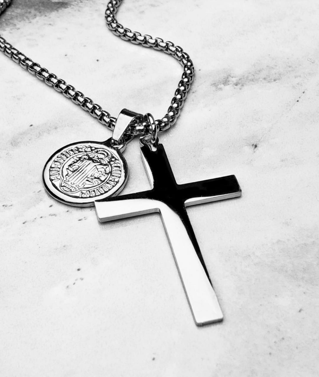 Men's silver SAINTS Cross Necklace Men's Silver Stainless Steel Cross ...