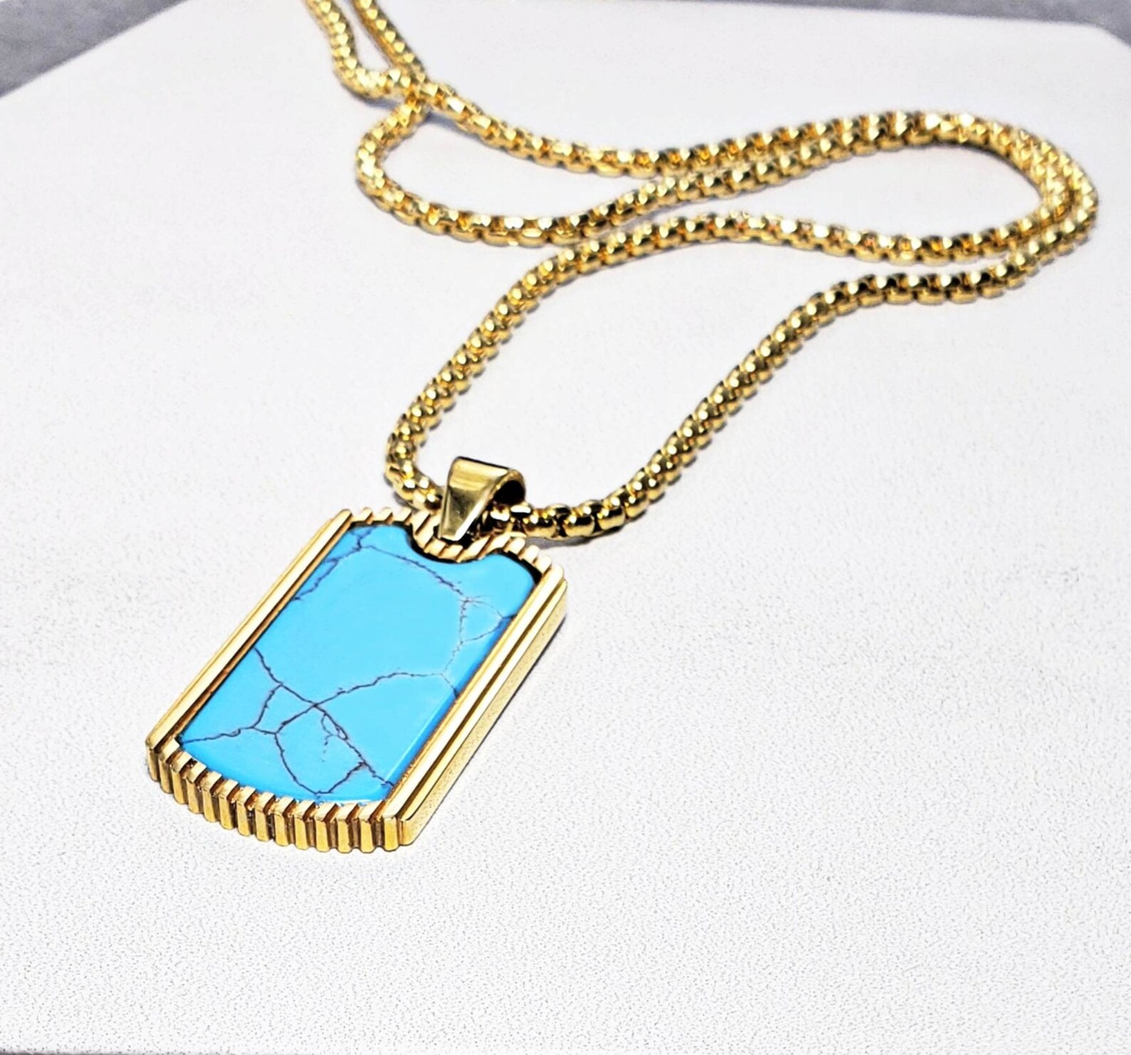Men's TURQUOISE DOG TAG Necklace | Men's Turquoise Gemstone Inlay Gold ...