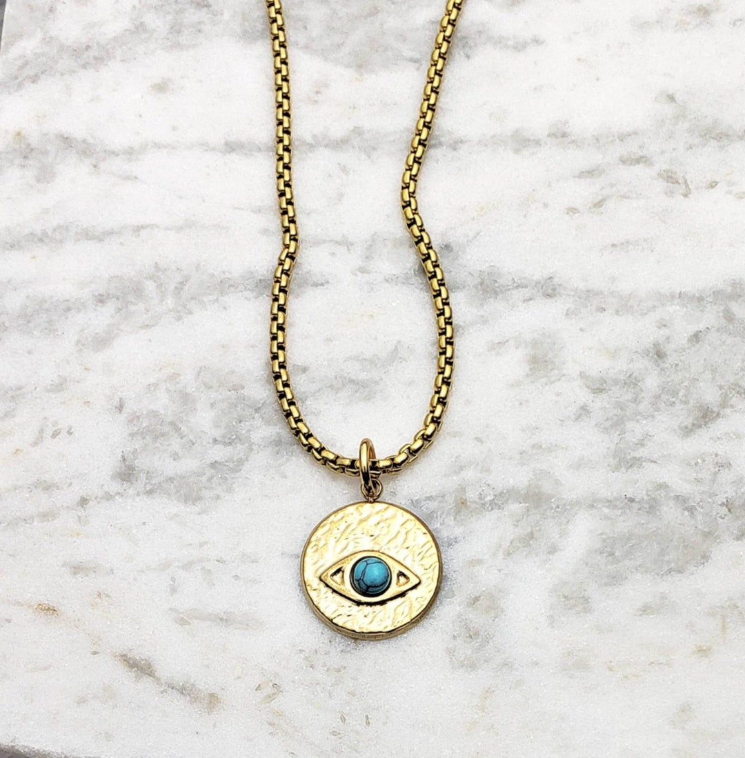 Men's turquoise EVIL Eye Necklace Men's Gold Stainless Steel Turquoise ...