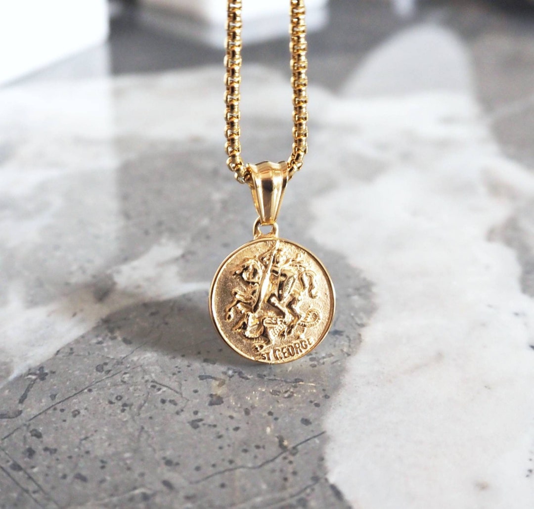 Men's saint GEORGE Medallion Necklace Men's Gold Stainless Steel Saint ...