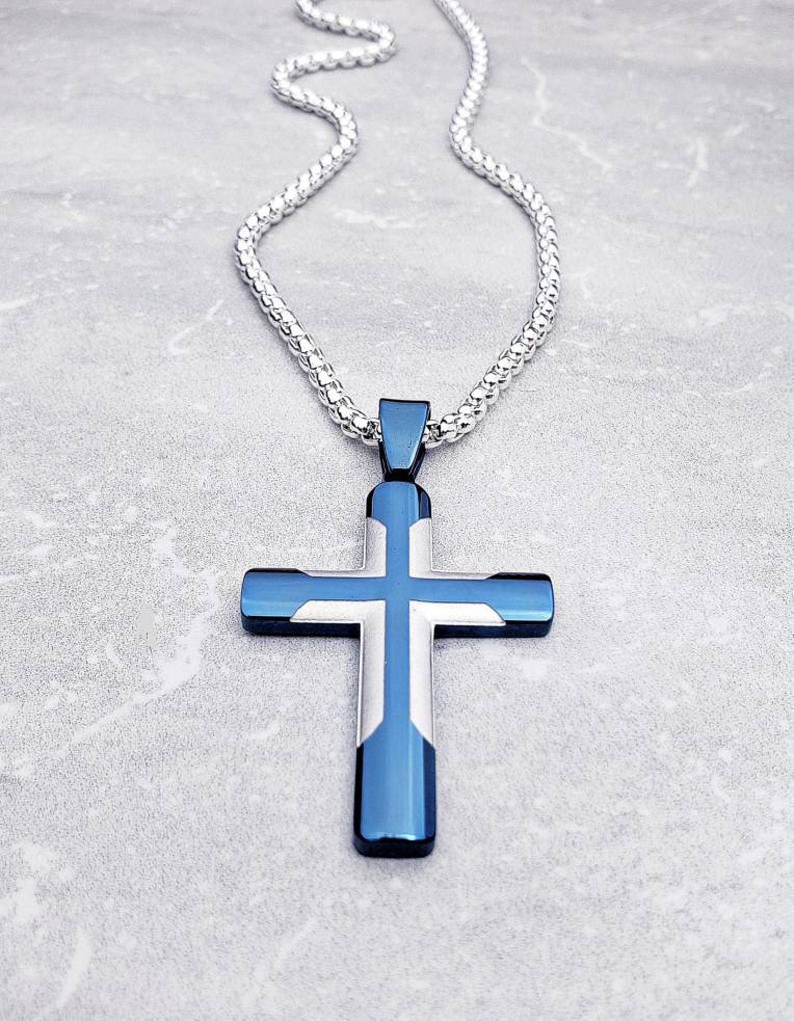 Men's PLATINUM BLUE CROSS Necklace | Men's Blue & Platinum Silver ...