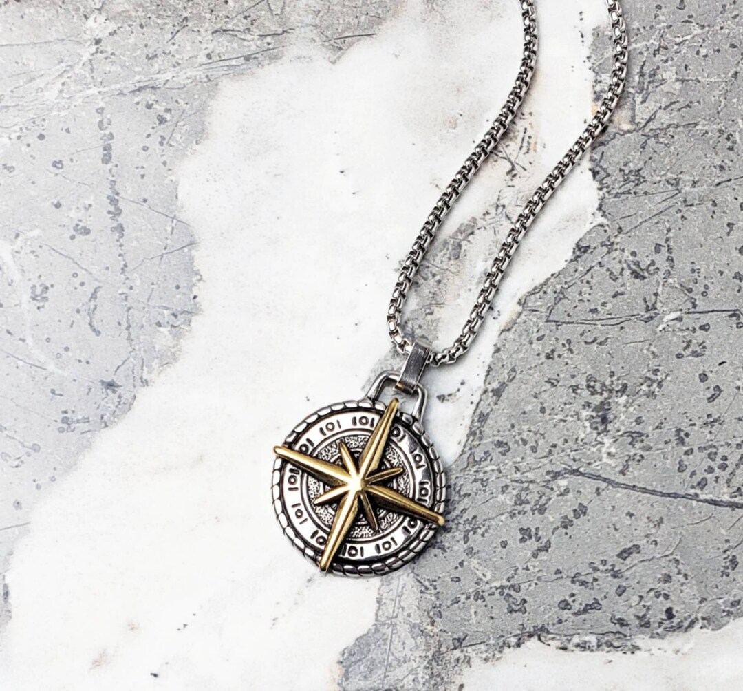 Men's maritime COMPASS Medallion Necklace Men's Silver & Gold Stainless ...