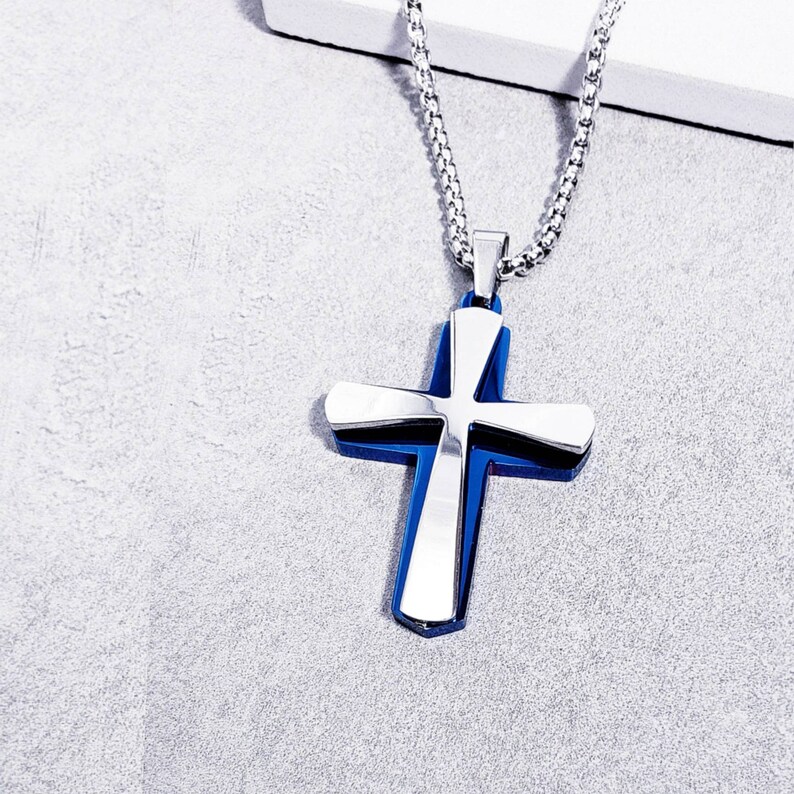 Men's blue STEEL Cross Necklace Men's - Etsy