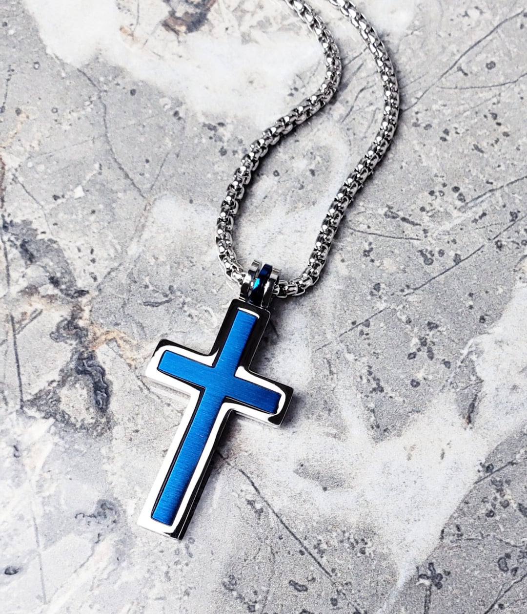 Men's blue SILVER Cross Necklace Men's Silver & Blue Stainless Steel ...