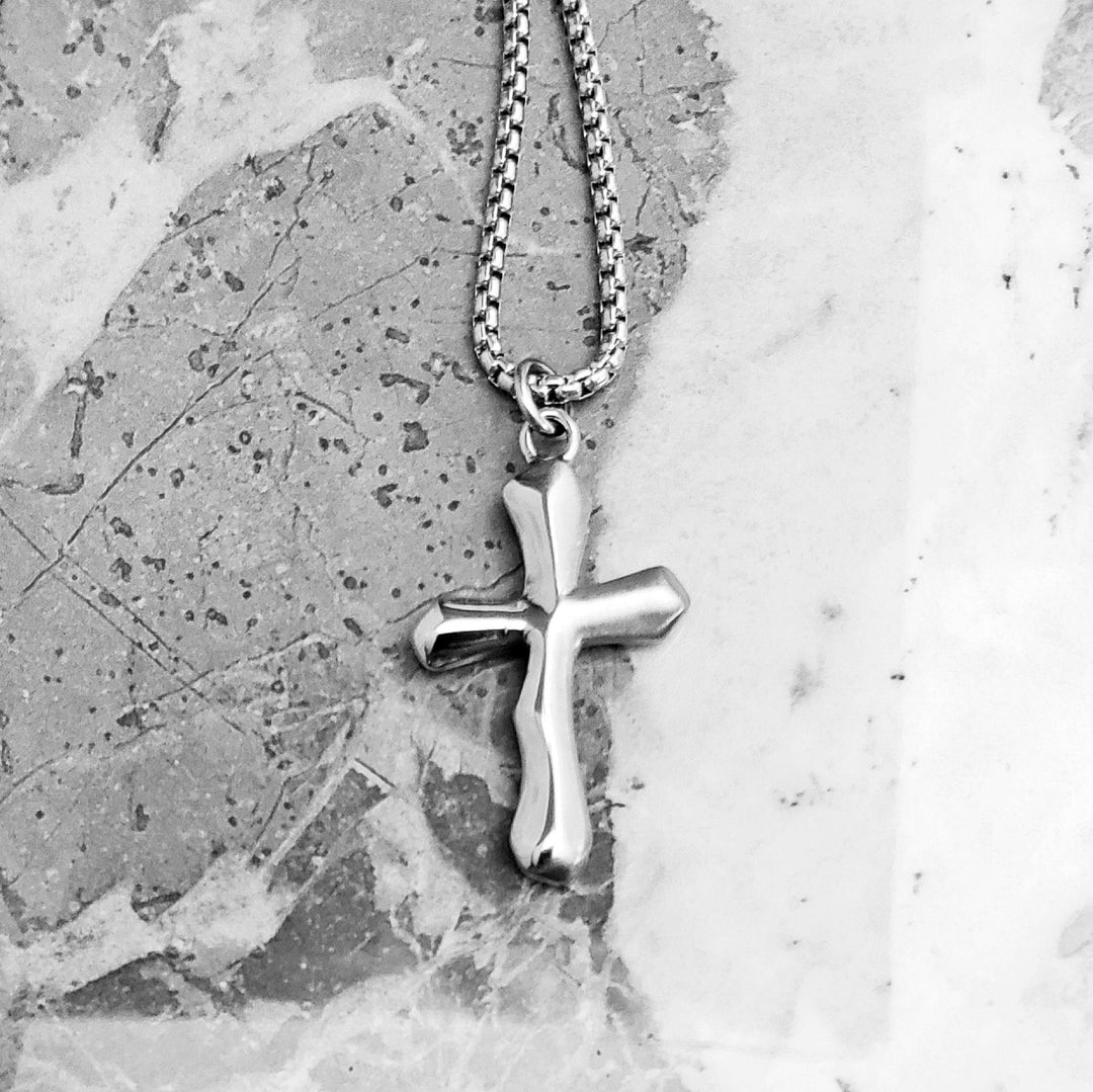 Men's silver WAVY Cross Necklace Men's Silver Stainless Steel Wavy ...